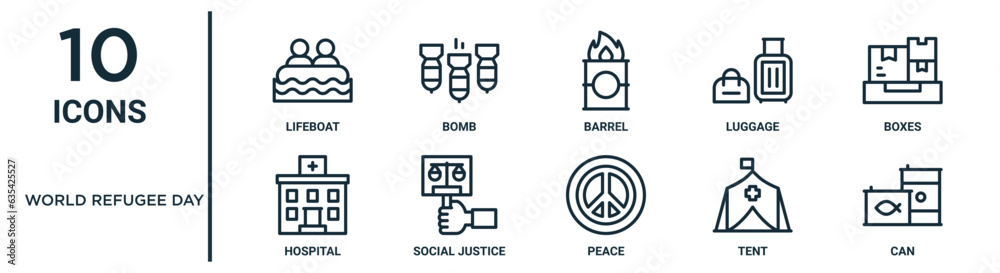 Vetor de world refugee day outline icon set such as thin line lifeboat ...