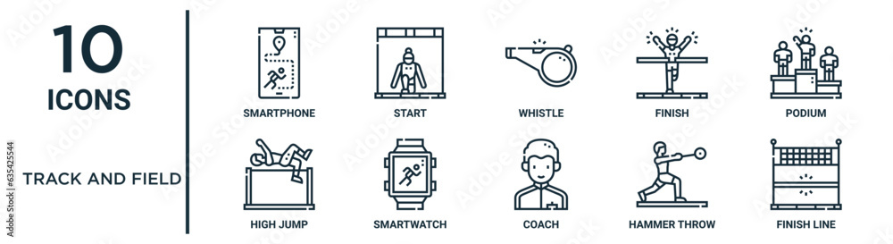 track and field outline icon set such as thin line smartphone, whistle ...