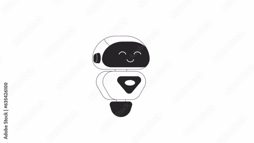 Small cute android chuckling bw outline 2D character animation. Funny ...