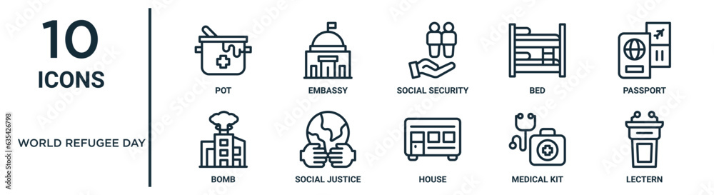 world refugee day outline icon set such as thin line pot, social ...