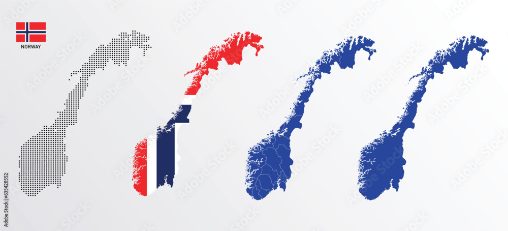 Set of political maps of Norway with regions isolated and flag on white ...
