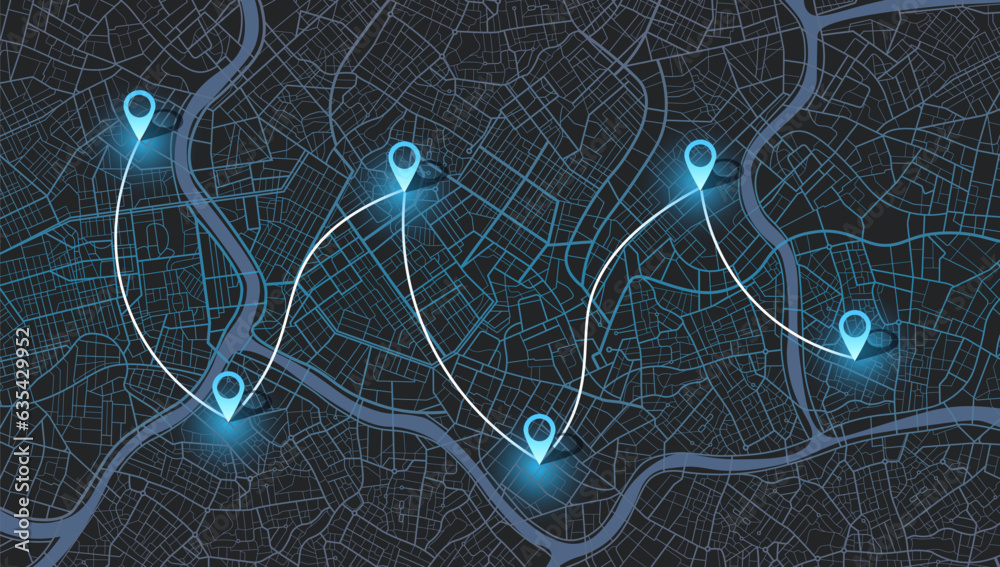 GPS navigator screen with street roads and location, destination points ...