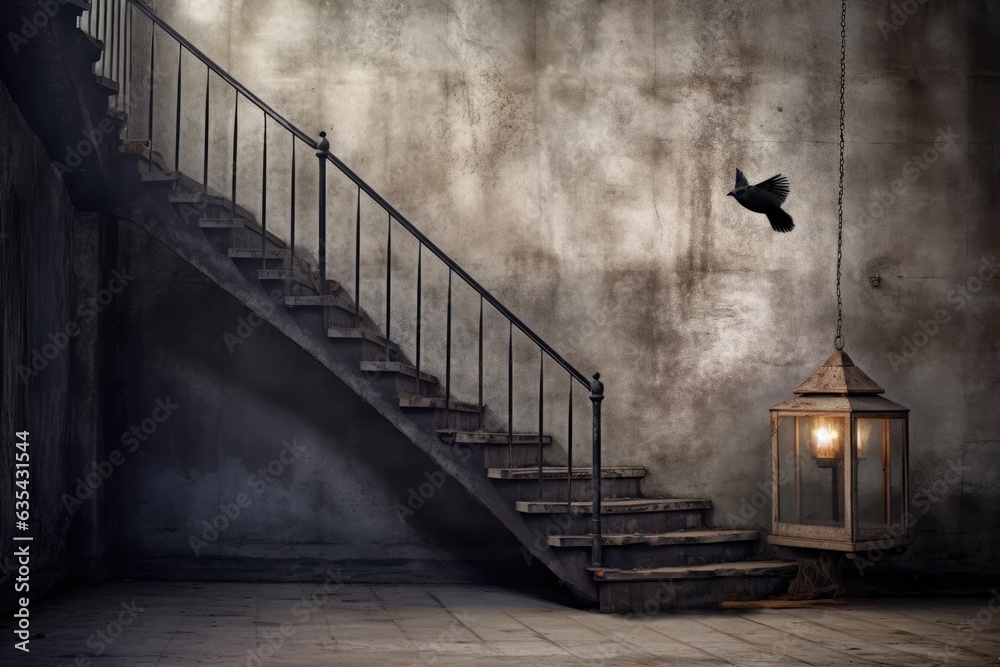 Background design old wall house with stairs for vintage professional ...