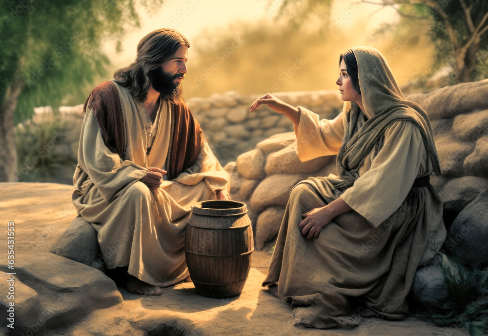 Jesus the Messiah speaking to the Samaritan woman next to the well ...