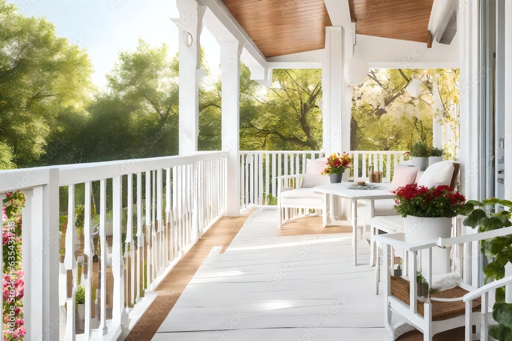 Bright and airy exterior with modern white wooden style balcony ...