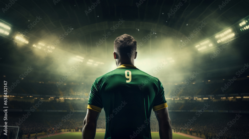 Rear view football player or soccer fan with hands raised for cheering ...