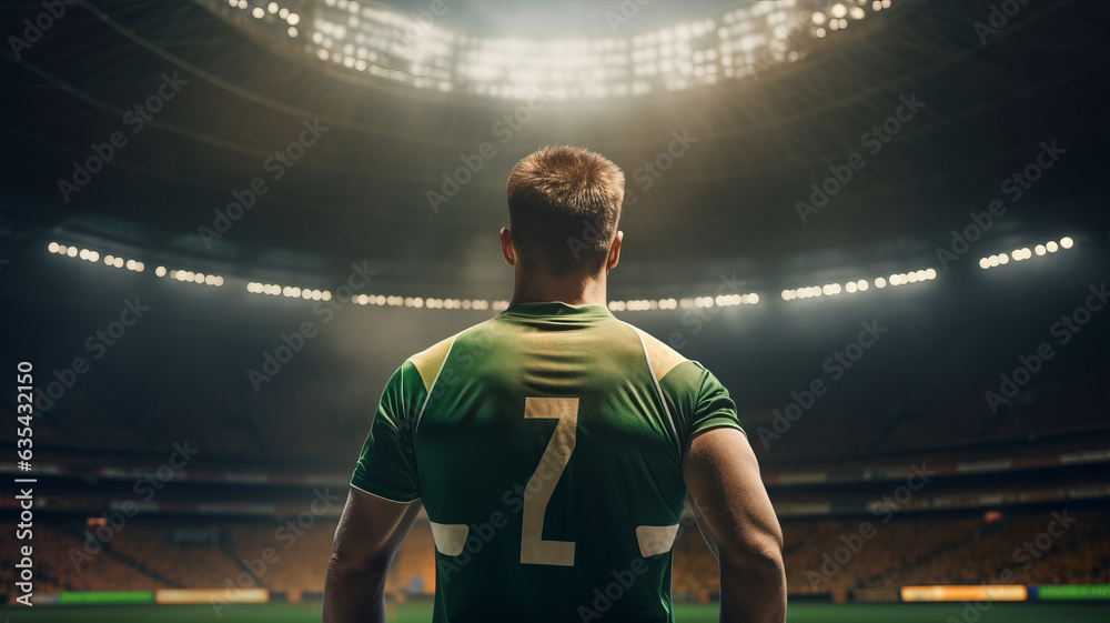 Rear view football player or soccer fan with hands raised for cheering ...