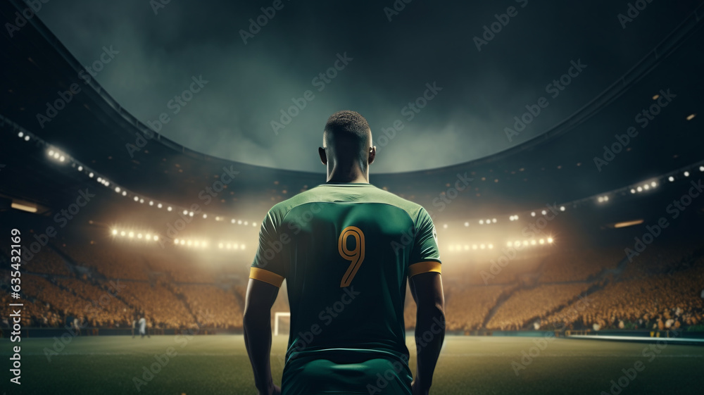 Rear view football player or soccer fan with hands raised for cheering ...