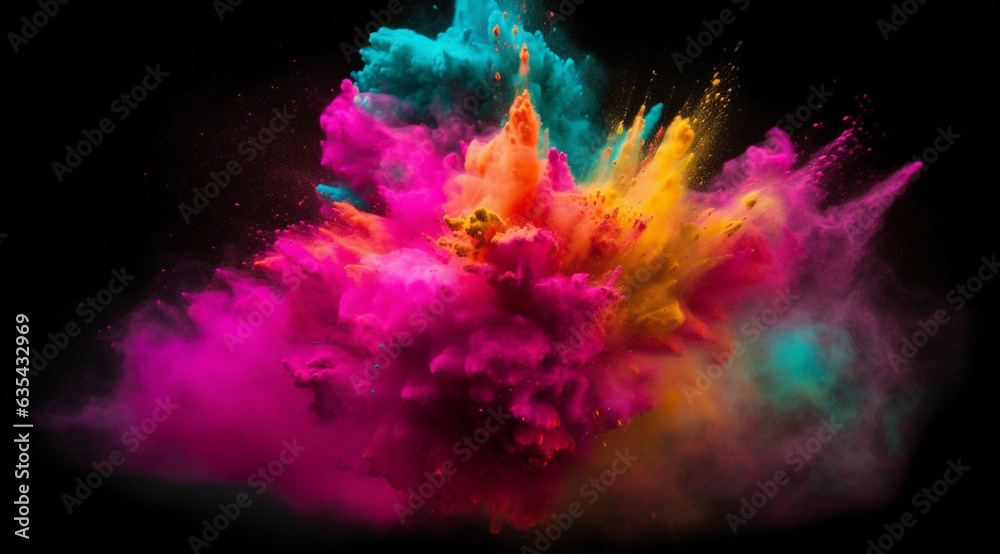 An explosion of bright multi-colored powder on a black background ...