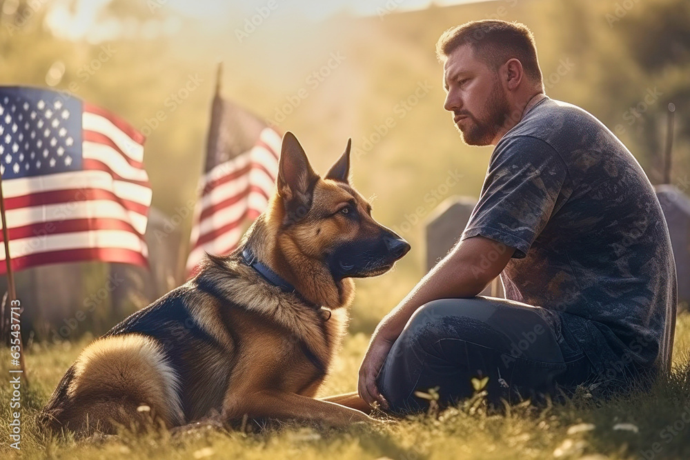 Sad solitude american war veteran with German Shepherd in a cemetery at ...