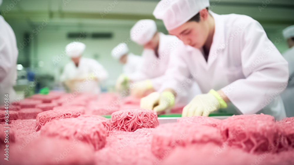 Workers in uniform. Process of manufacturing minced meat. Production of ...