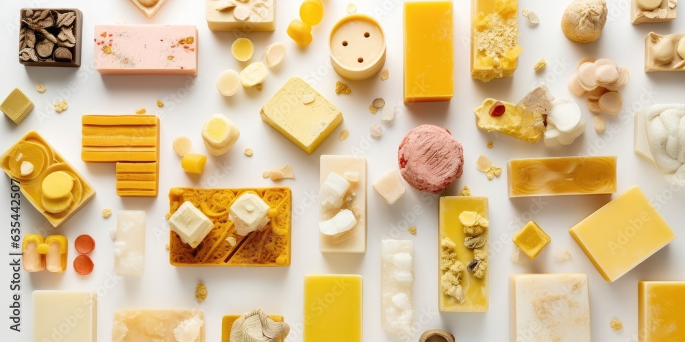 Organic homemade soap on a white background has different shapes, sizes ...