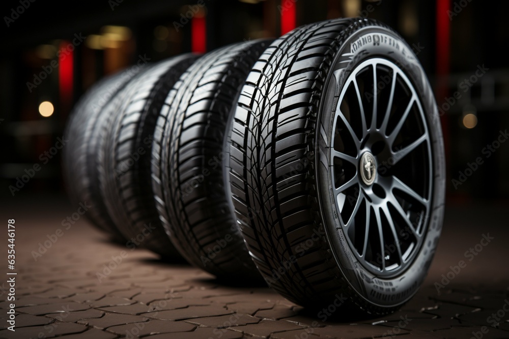 High efficiency summer tire set showcased in studio, dramatic lighting ...