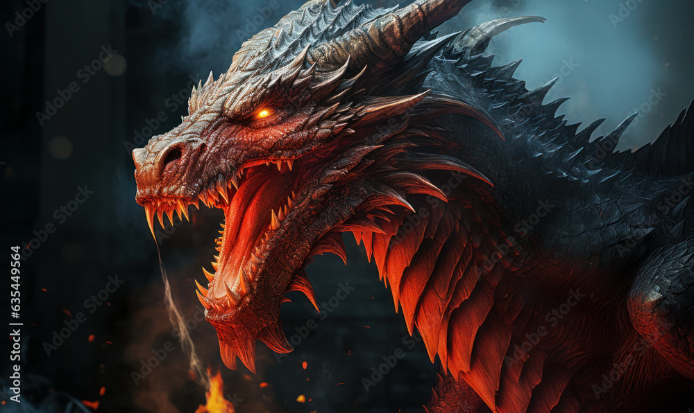 Dragon Breathing Fire: A dragon breathes fire, its red scales glowing ...