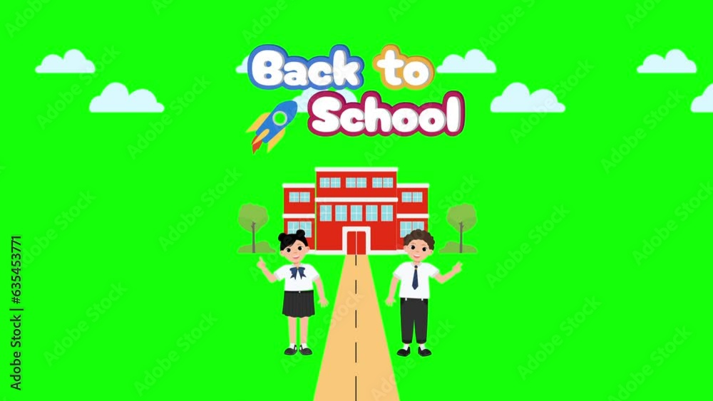 Back to school cartoon animation, green screen background. Cute boy and ...