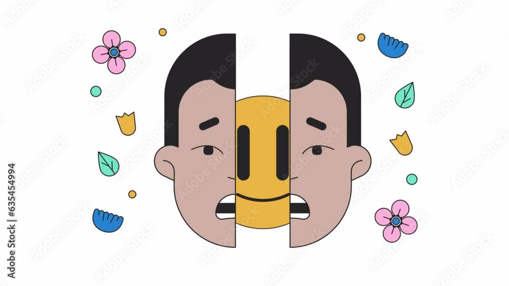 Shy guy split face line 2D animation. Introvert hiding feelings 4K ...