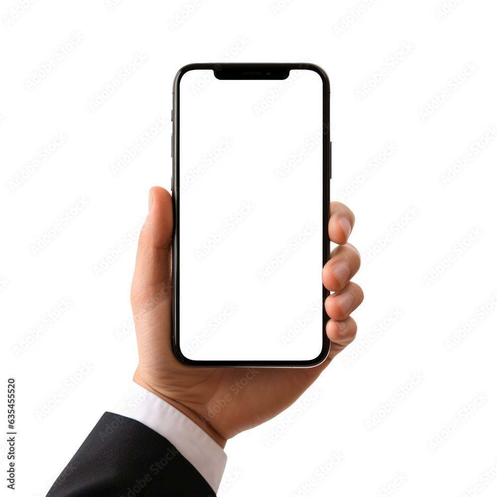 Busyness man hand holding black smartphone with transparent screen ...
