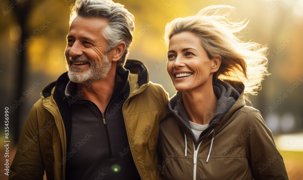 Middle Aged Couple Enjoys Healthy Lifestyle on Walk in Park: A middle ...