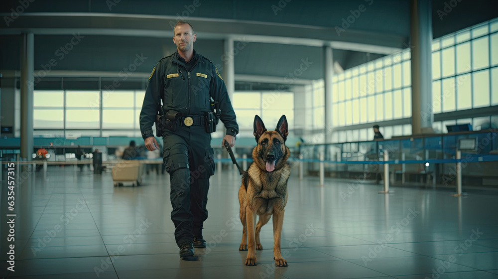 Officer with drug sniffing dog at the airport or train station, customs or police, baggage ...