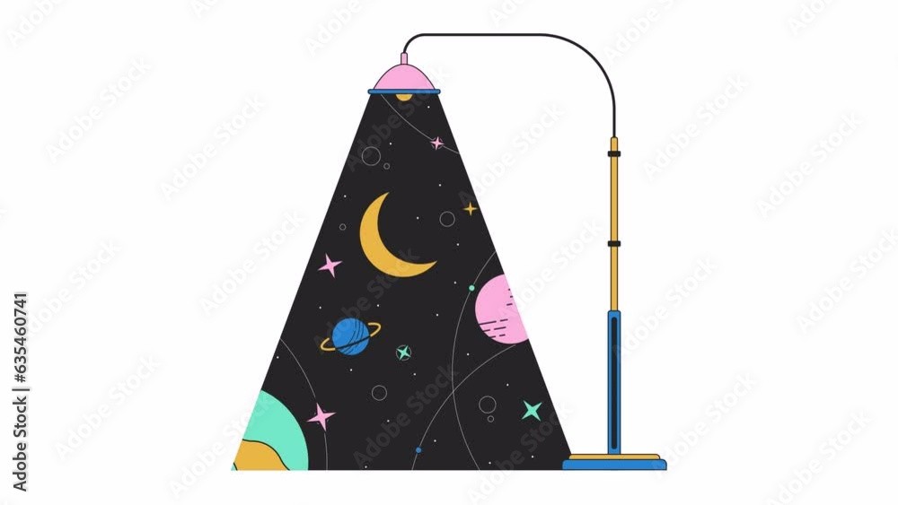 Lamppost light planets galaxy line 2D animation. Moon crescent stars ...