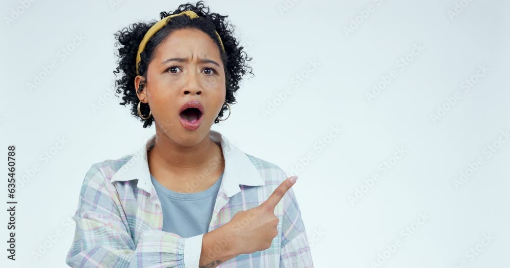 Wow, news and woman face in studio with hand pointing to info ...