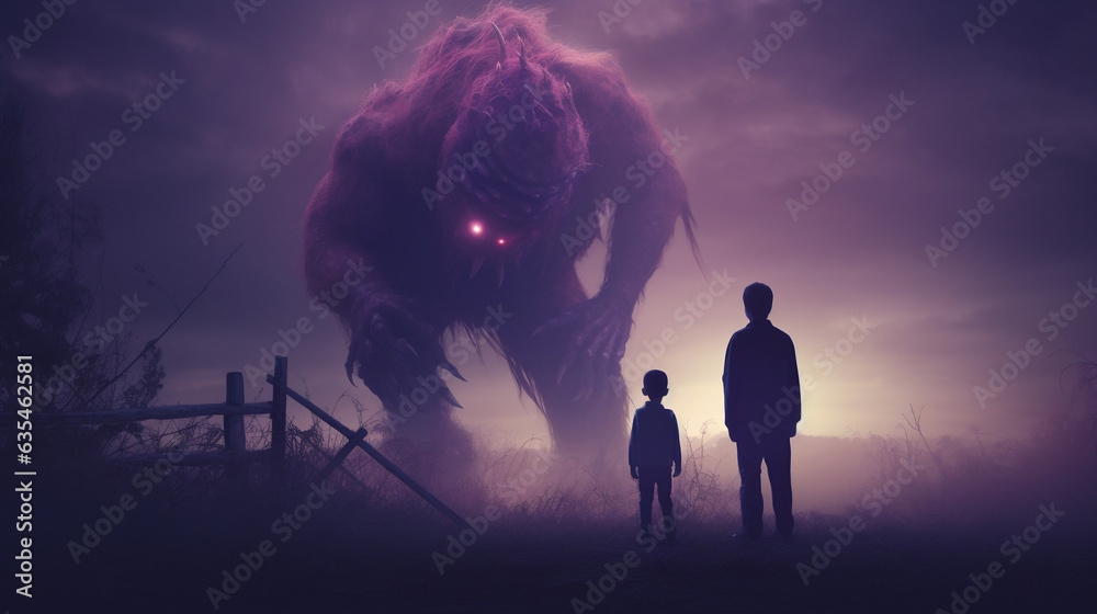the purple monster arrives, massive giant from action film, man and son ...