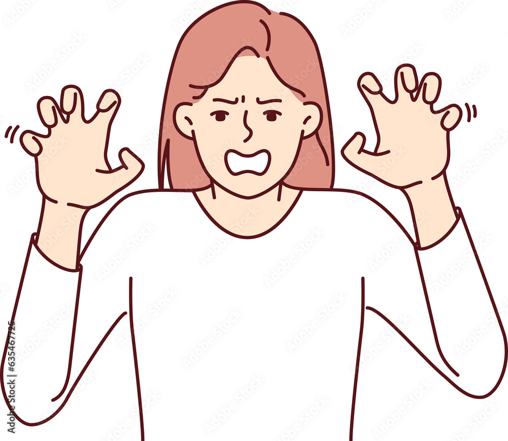 Nervous woman bares teeth and shows nails assuming cat pose ...