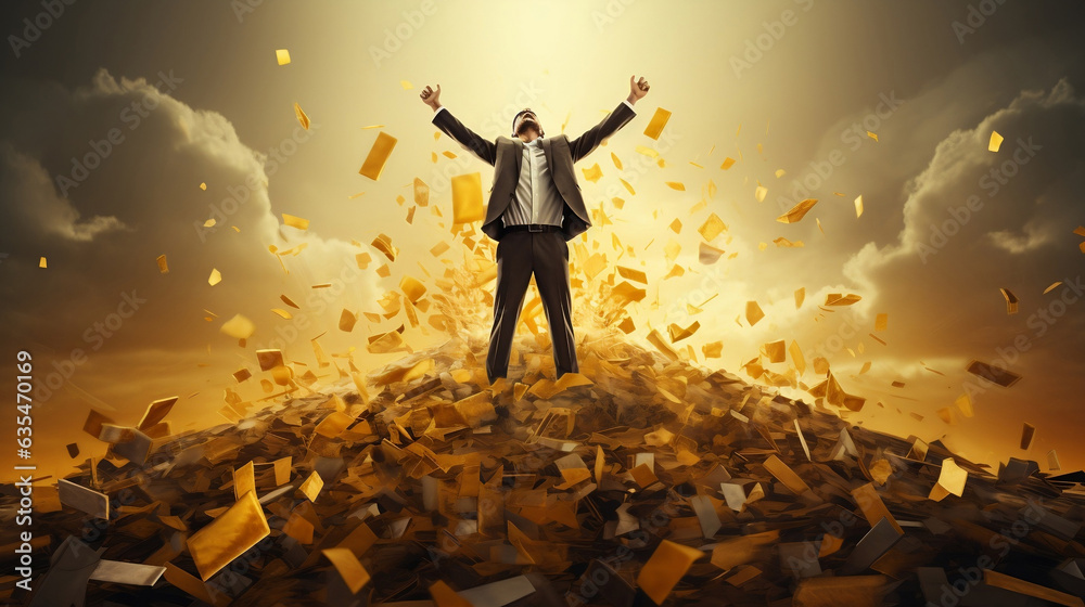 Photo & Art Print The successful man in a victory pose at the top of ...