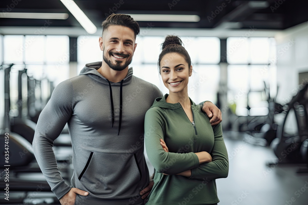 couple flexing their muscles, working out in gym, health and wellness ...