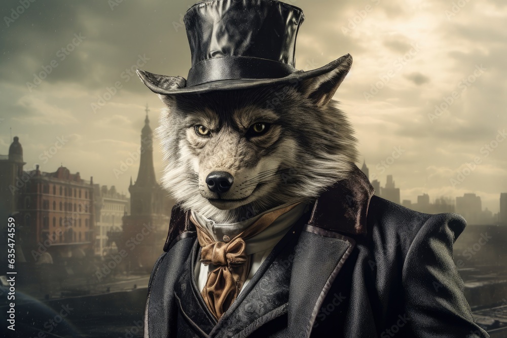 Wolf man with top hat and costume in steampunk style, city in ...