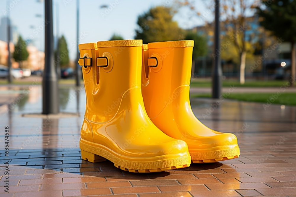 Functional style, Array of yellow rain boots highlighted on a white ...