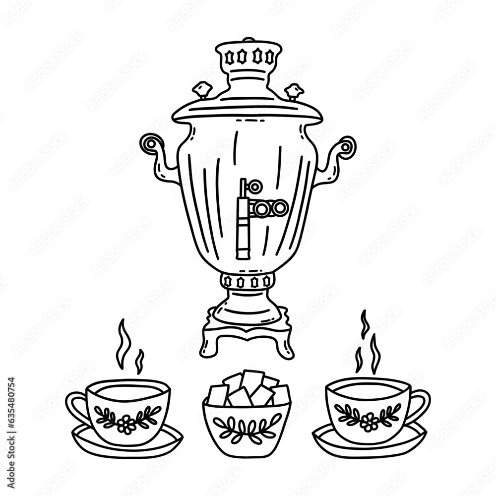 Samovar and two cups of tea with saucers, sugar bowl nearby, vintage ...