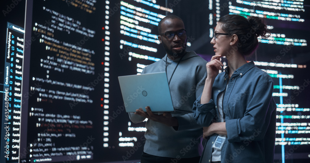Portrait Of Two Diverse Developers Using Laptop Computer Discussing Lines Of Code That Appear