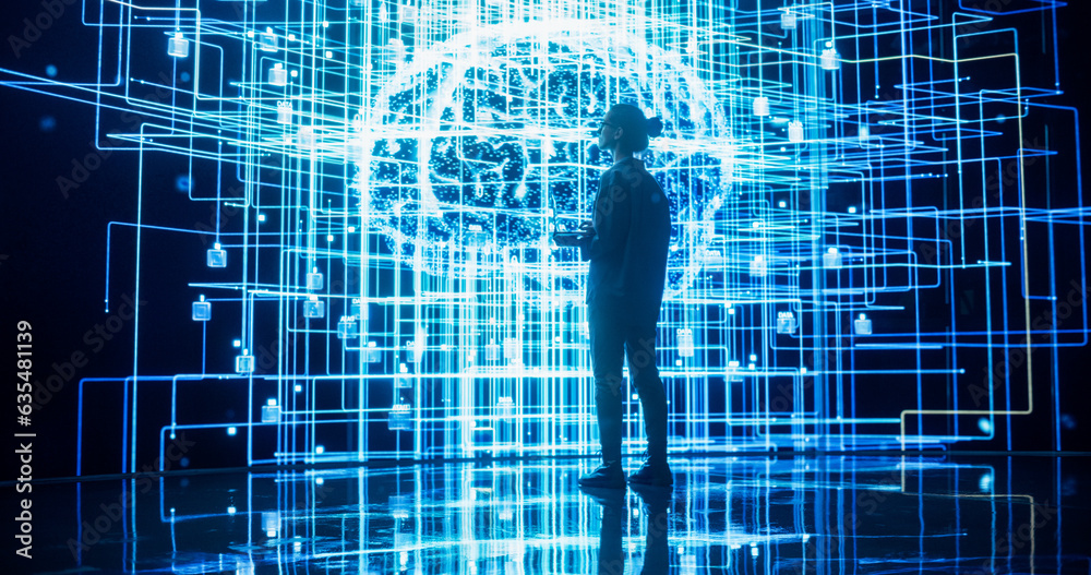 Back View of Young Woman Looking at a Big Screen with Neural Network 3D ...