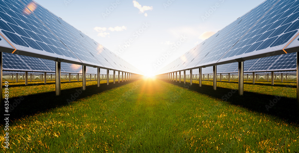 3d rendering of solar farm, field or solar power plant consist of ...
