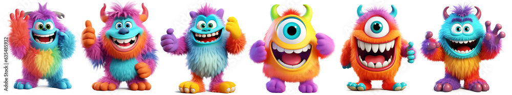 Colorful furry and cute monster dancing and waving 3D render character ...