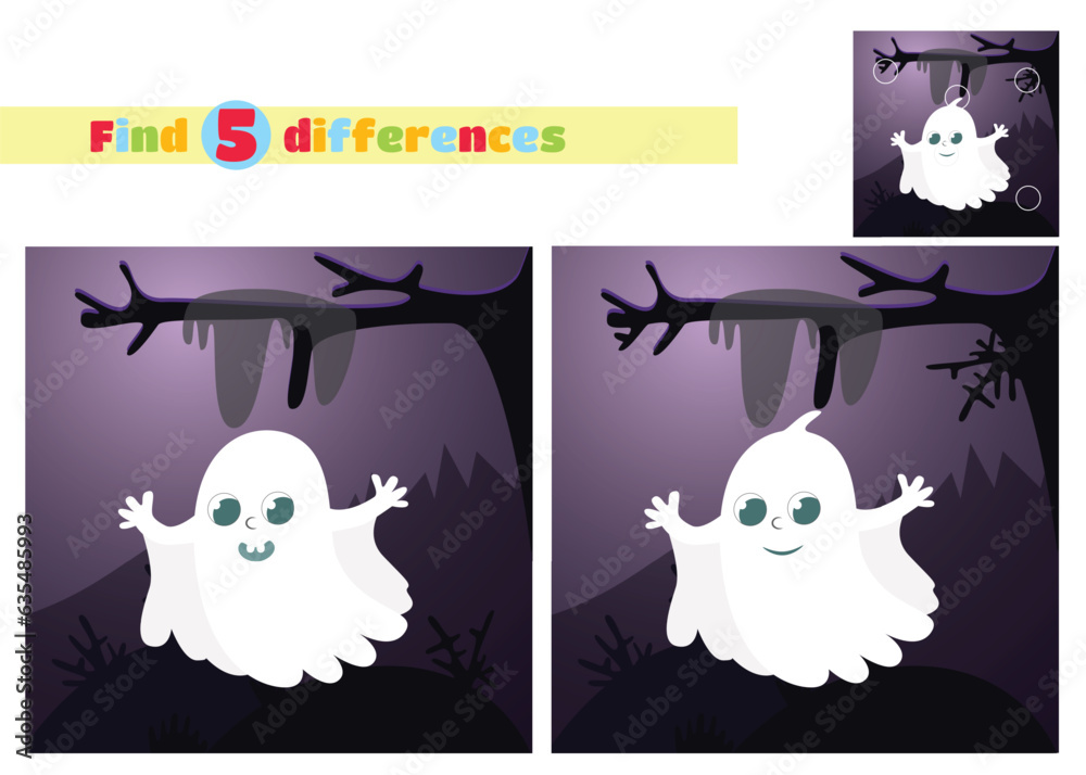Find the differences. A cute ghost on the background of a mystical ...
