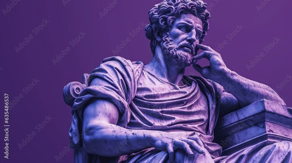 statue of an ancient roman philosopher, stark colors, purple tones ...