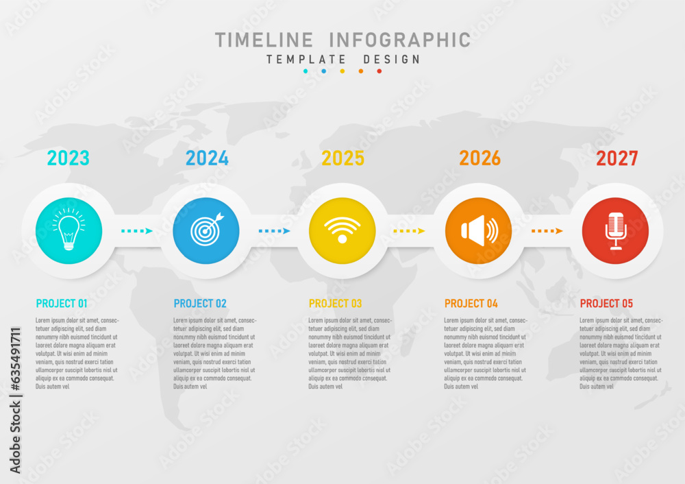 infographic business template timeline 5 years multi colored circles ...