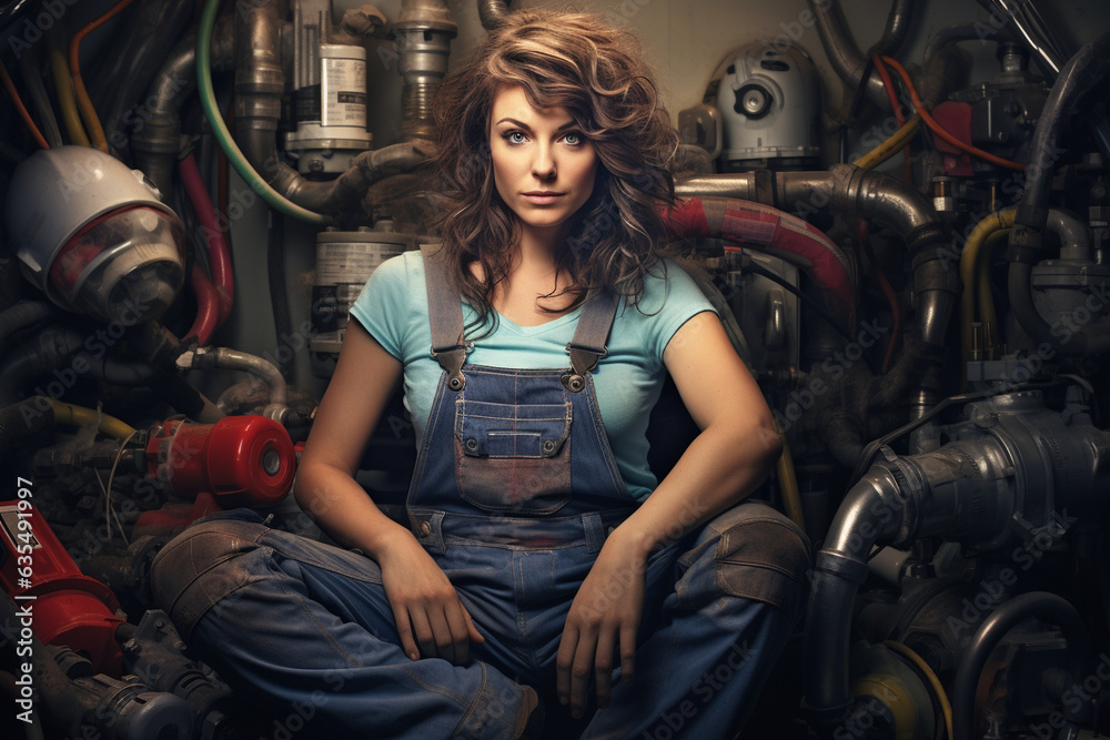 The inspiring image of a woman plumber addressing a plumbing issue ...