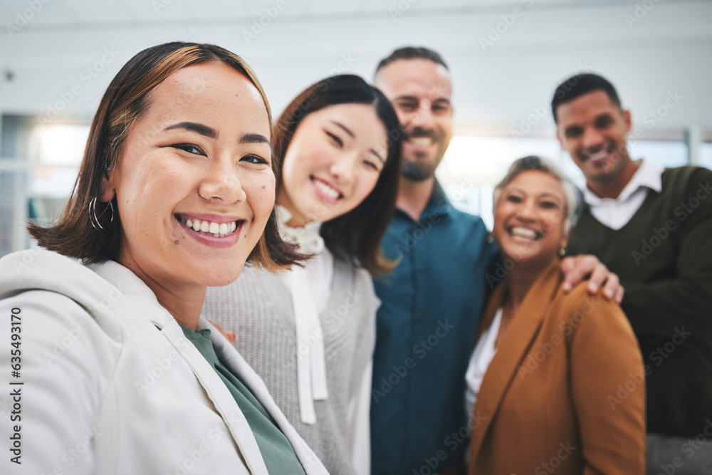 Selfie, portrait and group of business people smile in office for ...