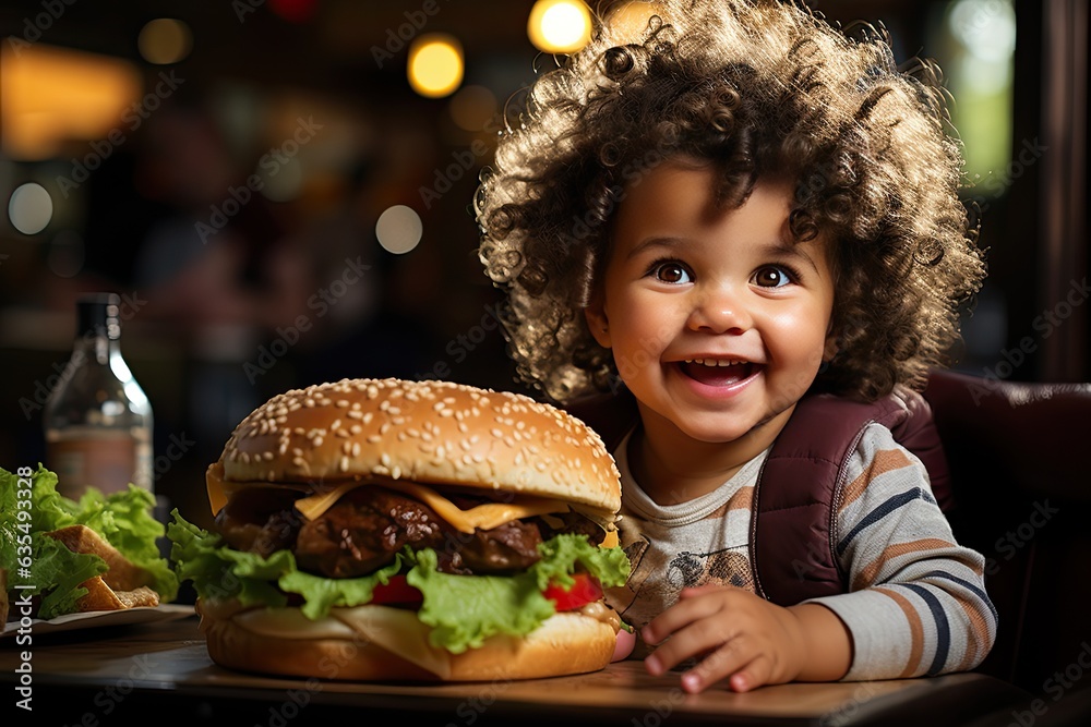 Happy little boy eating a hamburger. unhealthy fast food proper ...