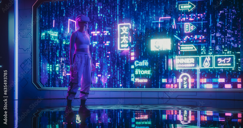 Extravagant Gamer Girl Wearing a Virtual Reality Headset in a ...