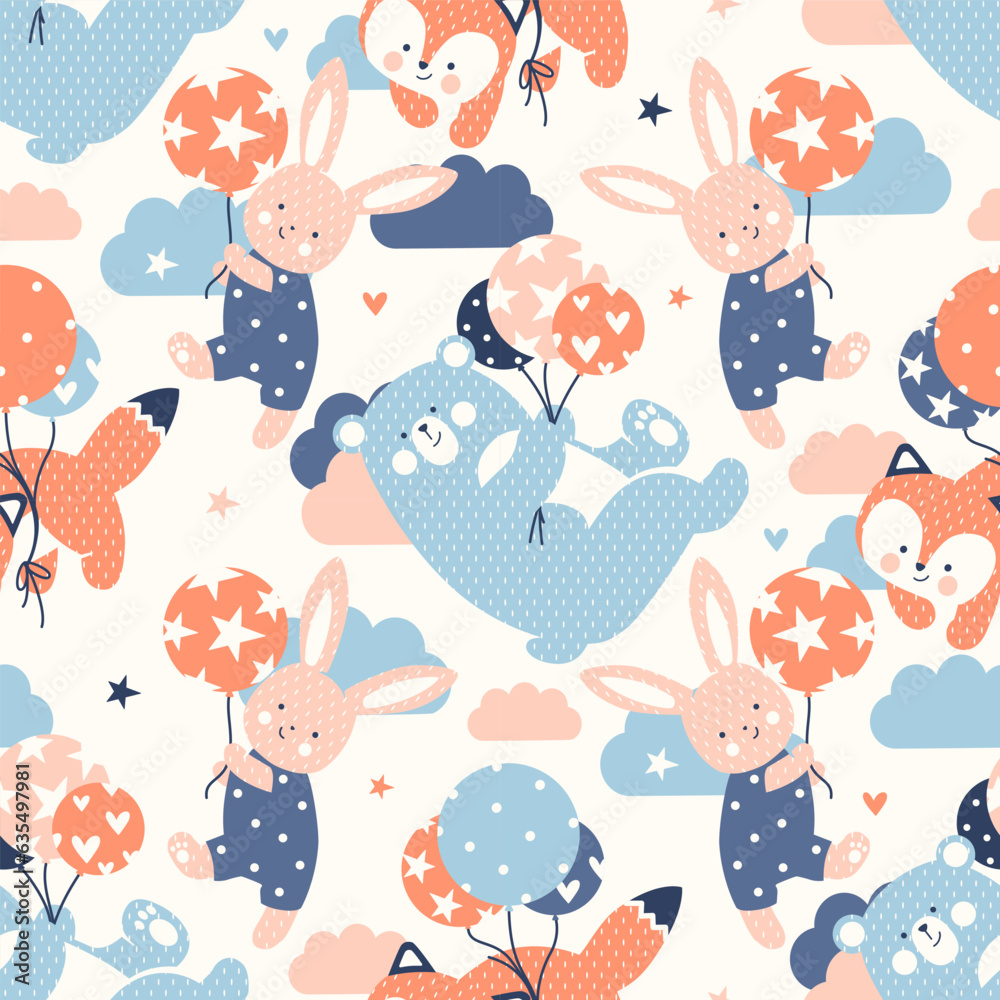 Pastel tone seamless pattern with cute baby animals flying on balloons ...