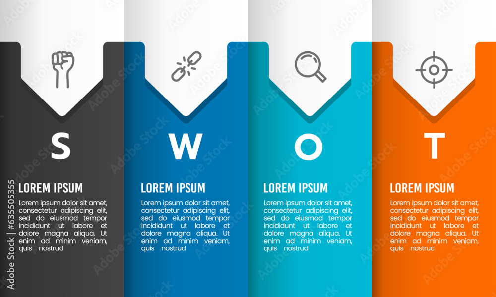 SWOT analysis template. Infographic 4 steps with icon design. Vector ...