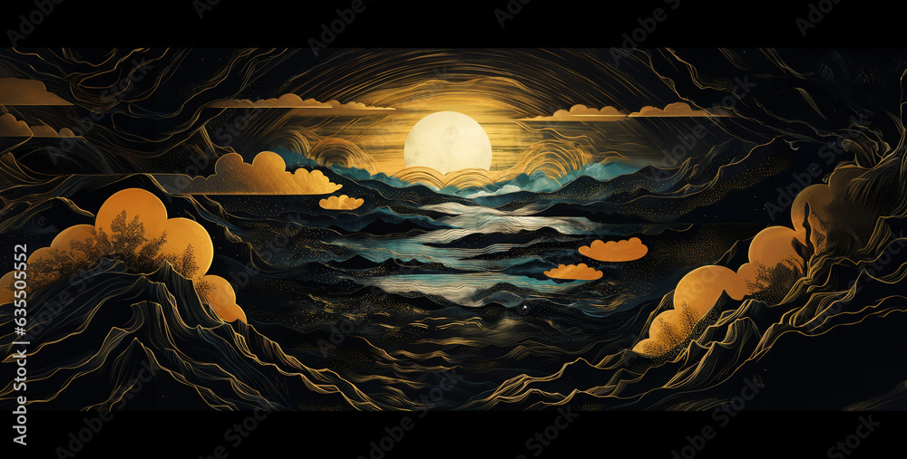 painting of an aztec pyramid with a sunset over mountains. Generative ...