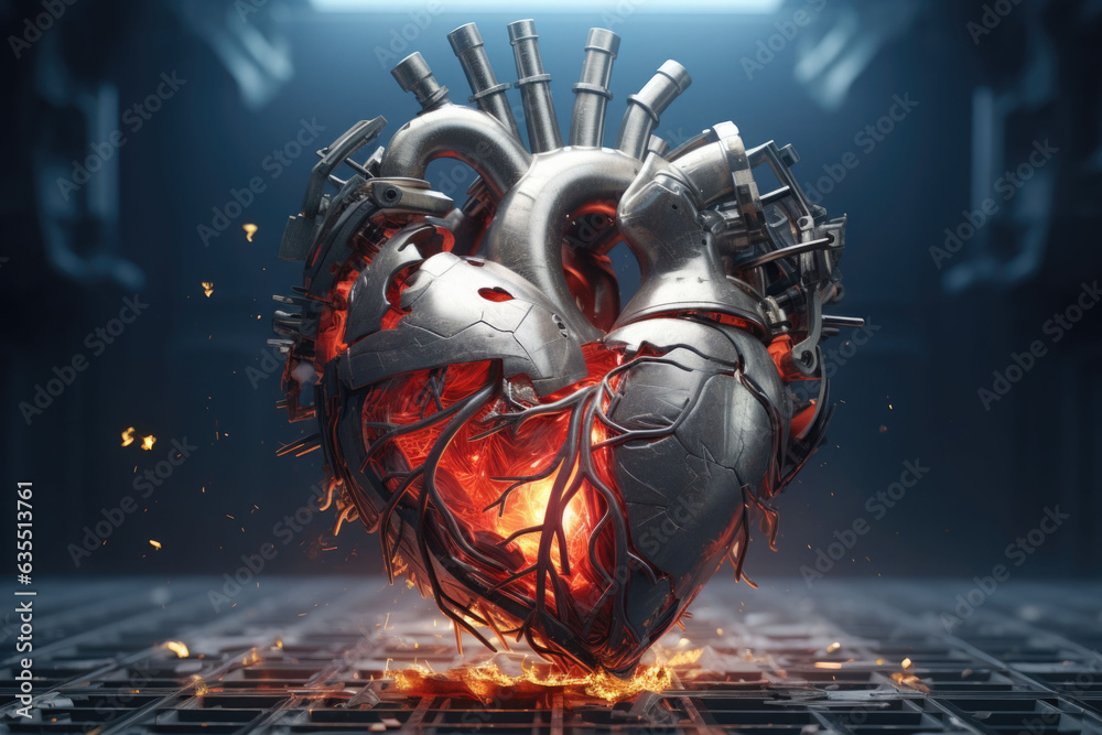 The mechanical heart shatters into pieces. Art of a human heart in the ...