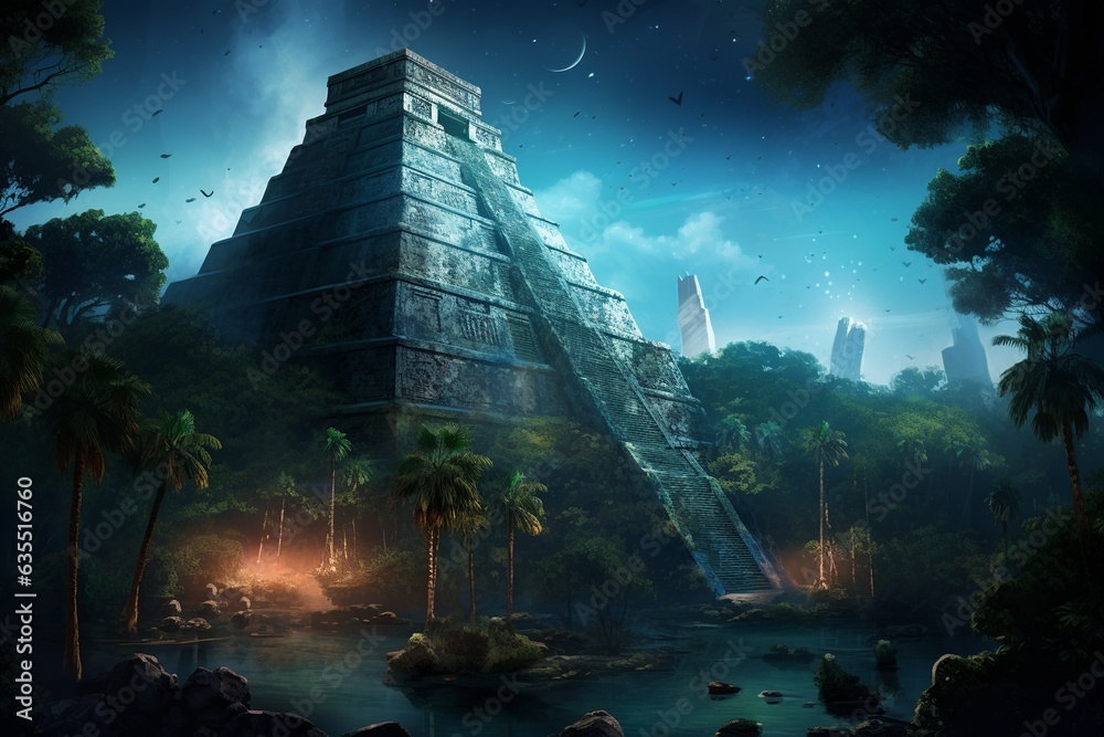 Starlit Rituals: Mayan Pyramids Towering Over the Jungle's Veil Stock ...