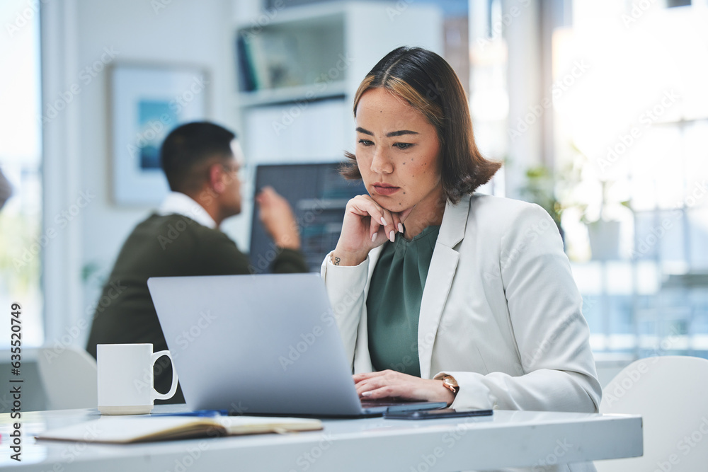 Business, thinking and woman with laptop, decision and connection with ...