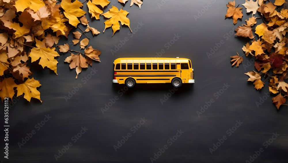 Back to school concept. Top view banner of school bus and pencils next ...